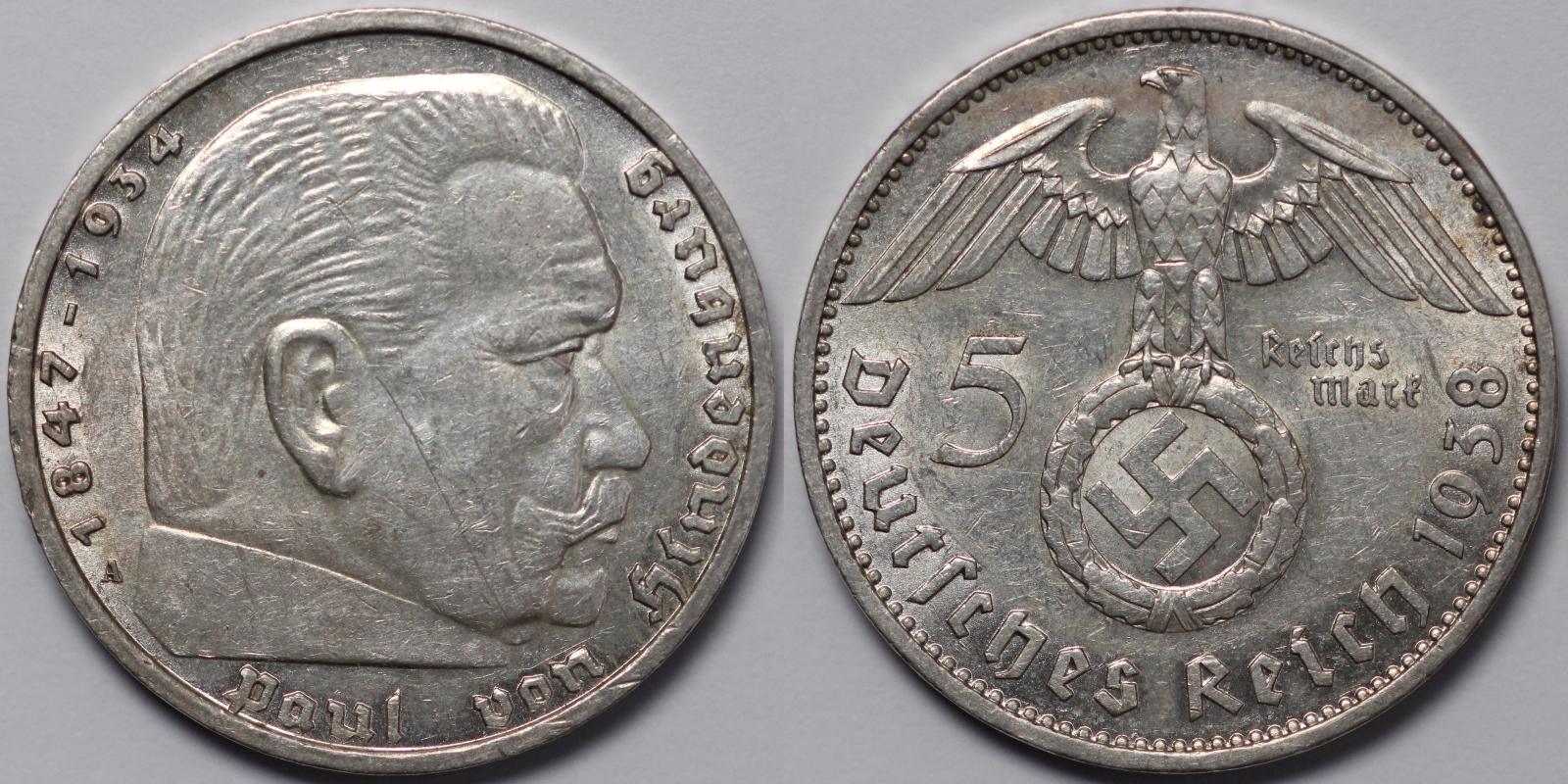 Germany - Third Reich 1938-A 5 Reichsmark KM# 94 Swastika-Hindenburg Silver Coin - Imperial ...