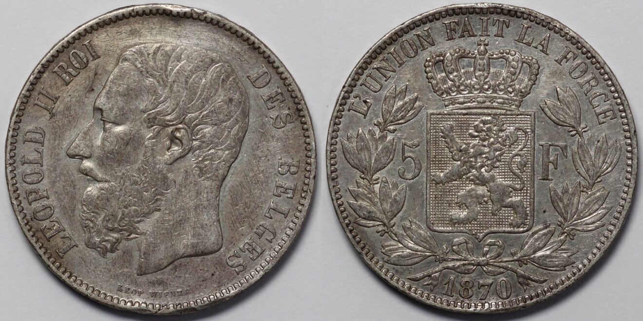 Belgium 1870 5 Francs Leopold II KM# 24 World Silver Coin - Imperial ...