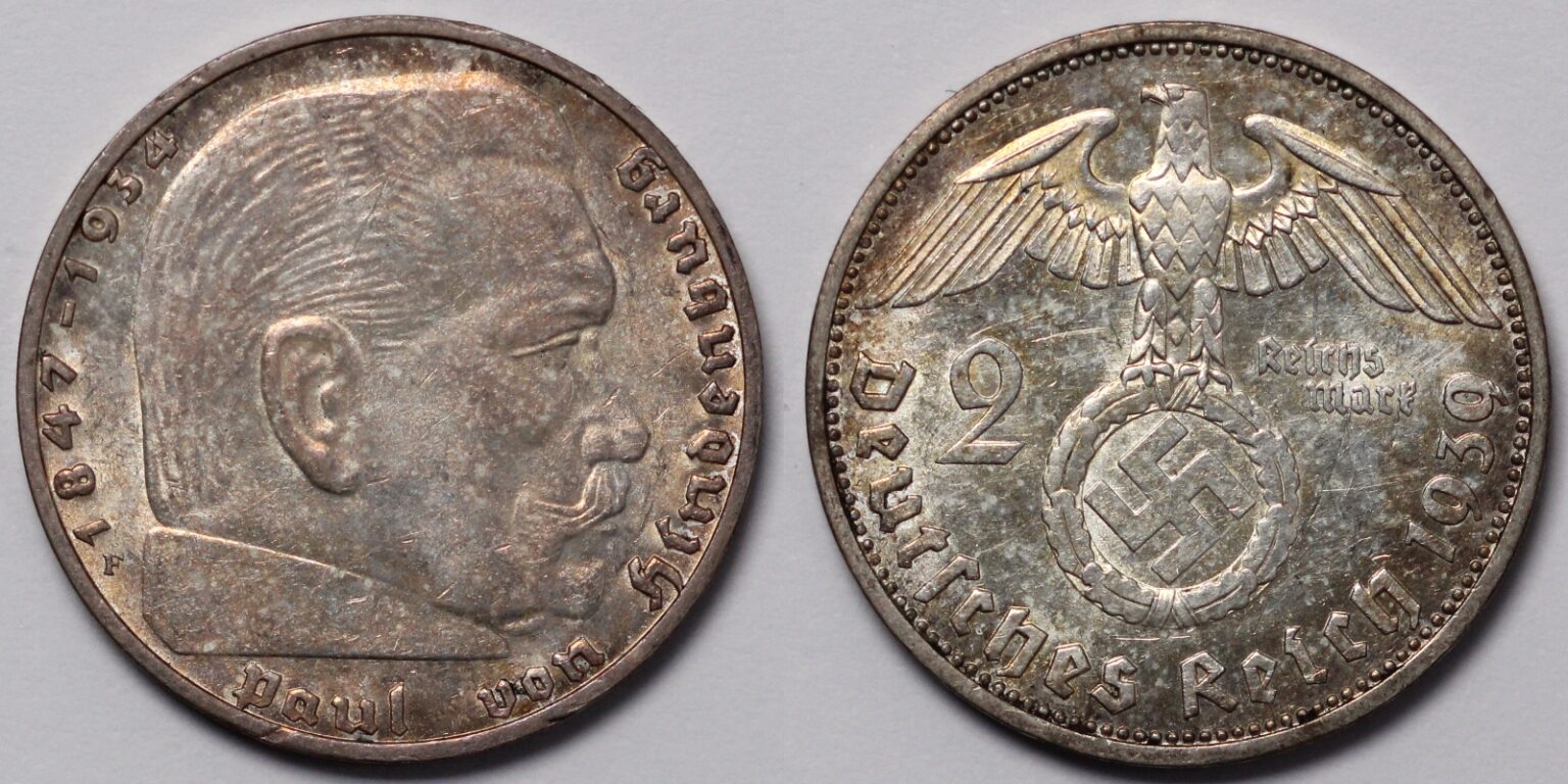 Germany - Third Reich 1939-F 2 Reichsmark KM# 93 Swastika-Hindenburg Silver Coin - Imperial ...