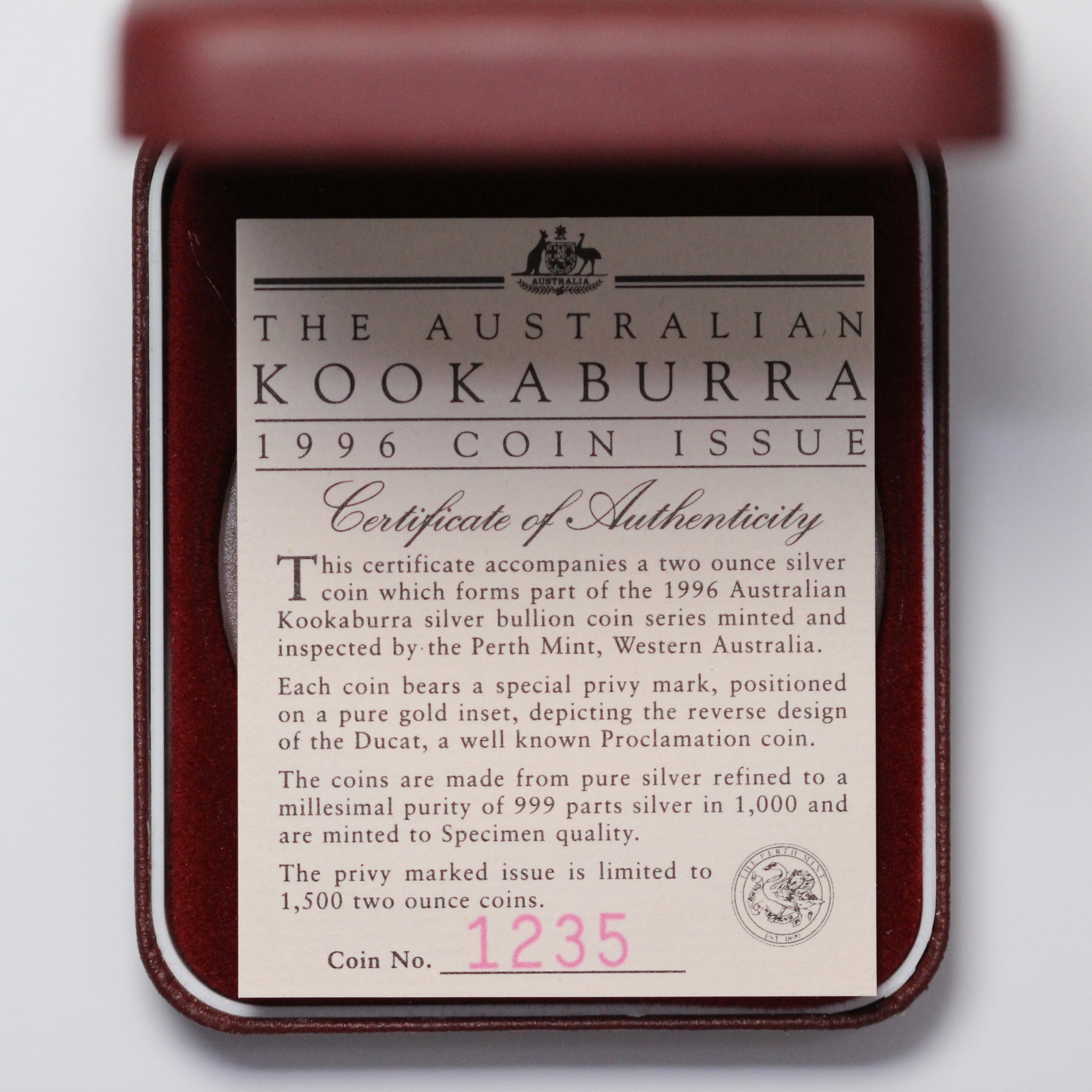 1996 Australian Kookaburra Gold Ducat Privy Mark 2oz Silver Specimen ...