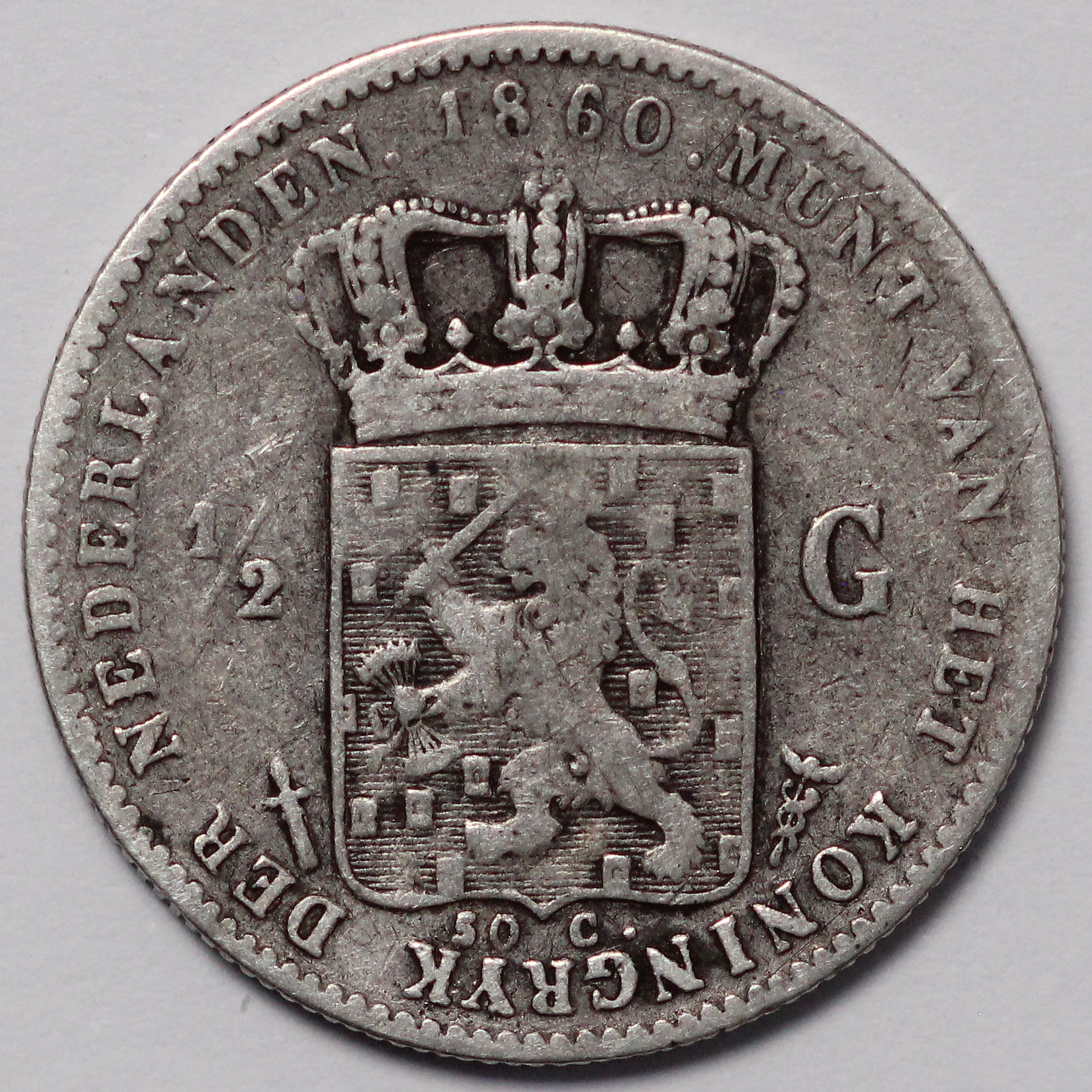 Netherlands 1860 1/2 Gulden William III KM# 92 World Silver Coin ...
