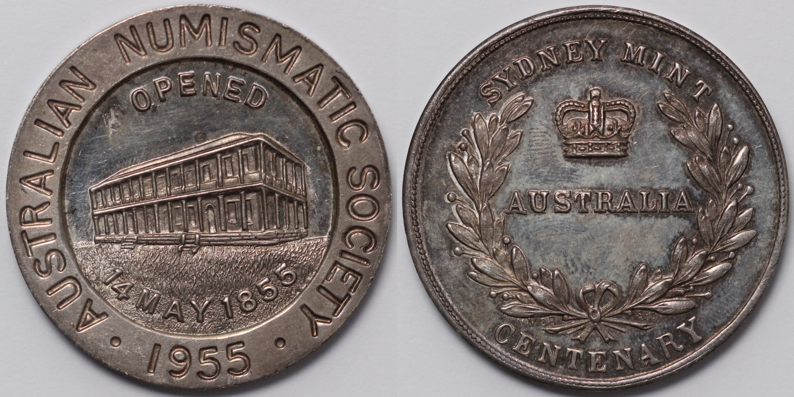 1955 Sydney Mint Centenary Australian Numismatic Society Silver Medal ...