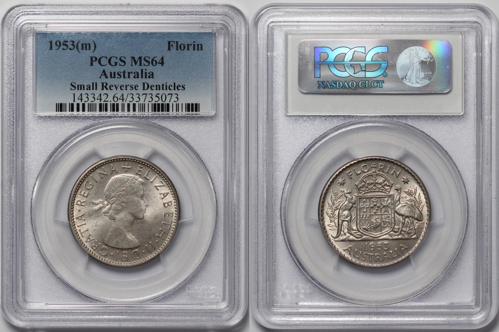 PCGS Graded MS64 Australia 1953 Florin Small Reverse Denticles Unc ...