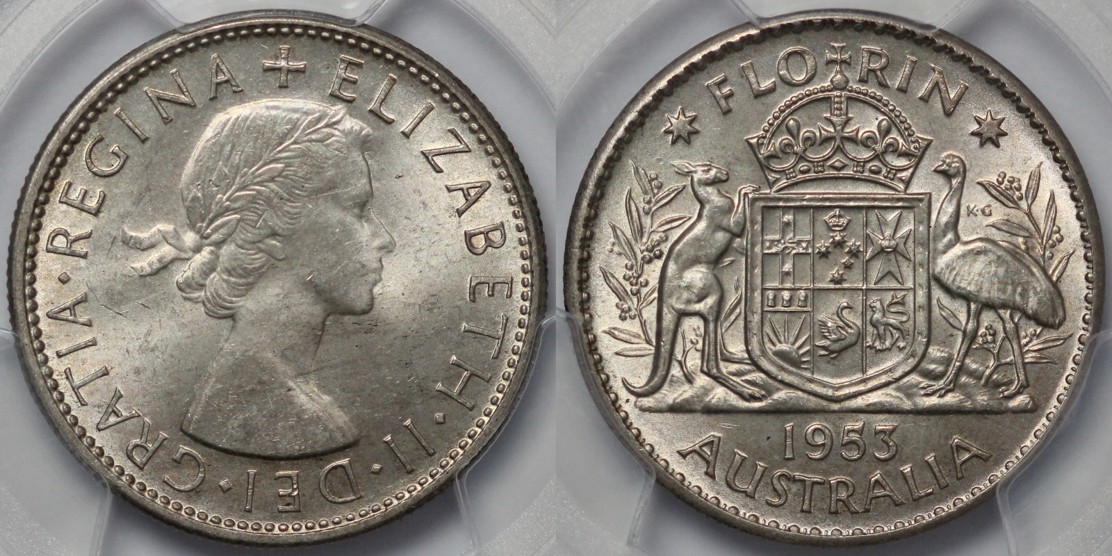 PCGS Graded MS64 Australia 1953 Florin Small Reverse Denticles Unc ...