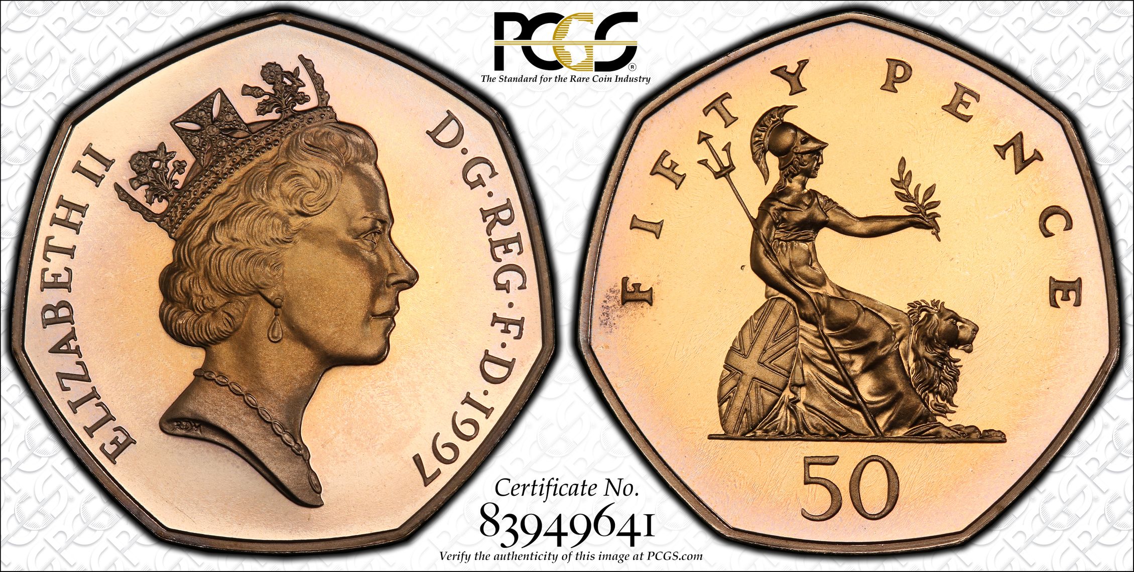 PCGS Graded PR69DCAM Great Britain 1997 50 Pence 50p Large Size CuNi ...