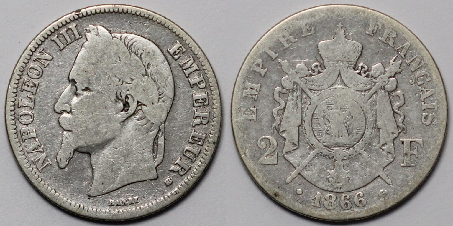 France 1866-BB 2 Francs Napoleon III KM#807.2 Strasbourg Mint World Silver Coin - Imperial ...