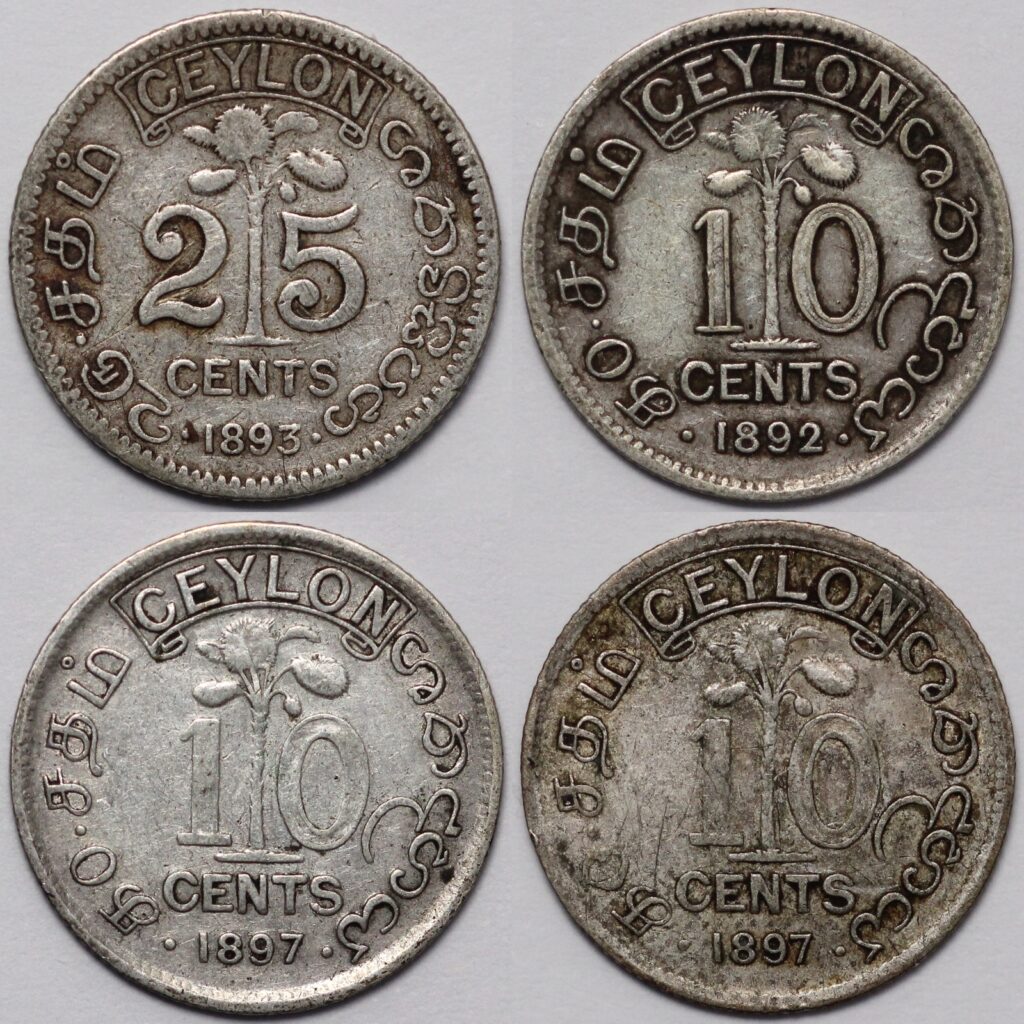 Lot of 4 Ceylon Victoria Silver Coins 1893 25 Cents, 1892 & x2 1897 10 ...