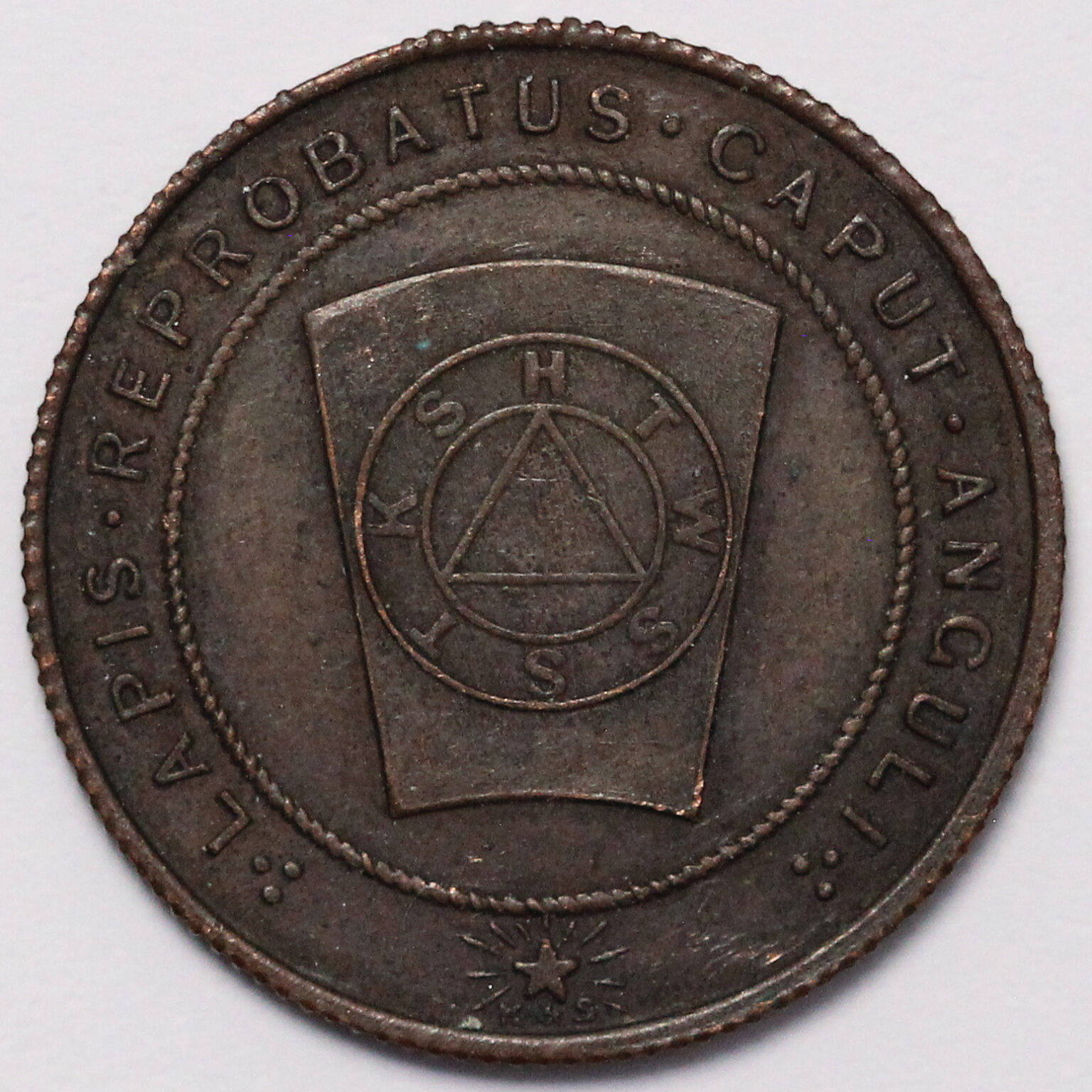 Mark Master Masonic Copper Token LAPIS REPROBATUS CAPUT ANGULI HTWSSTKS ...
