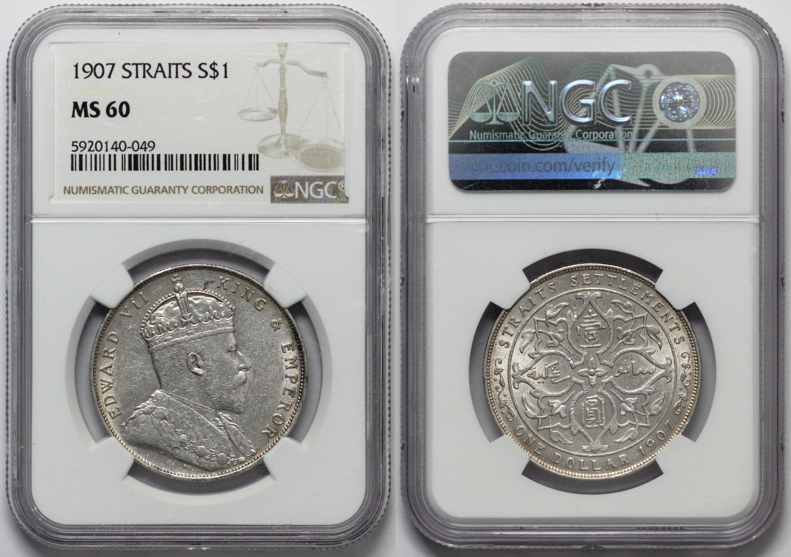 NGC Graded MS60 Straits Settlements 1907 Dollar $1 Uncirculated Silver ...