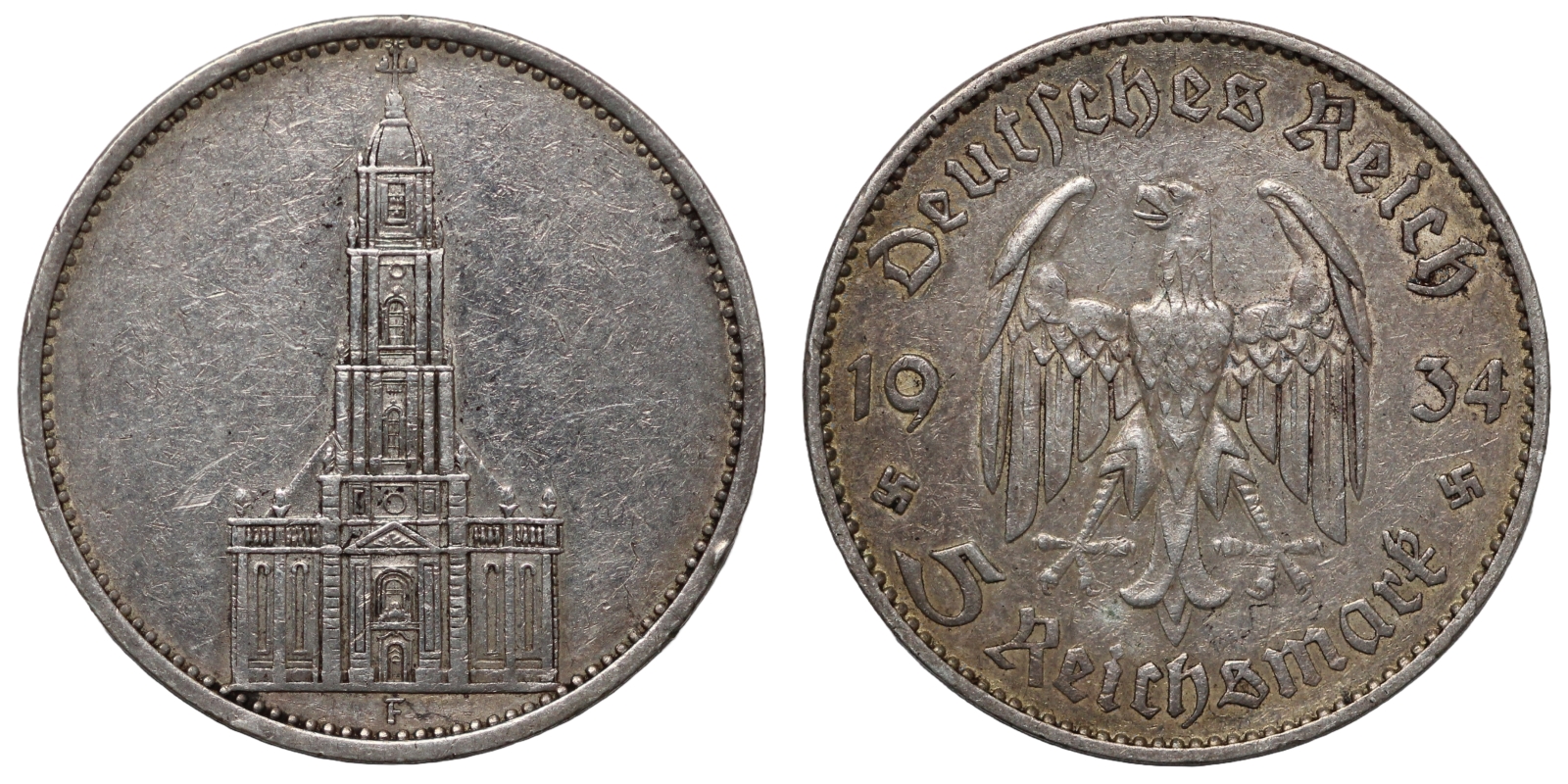Germany - Third Reich 1934-F 5 Reichsmark KM#83 Potsdam Church World ...
