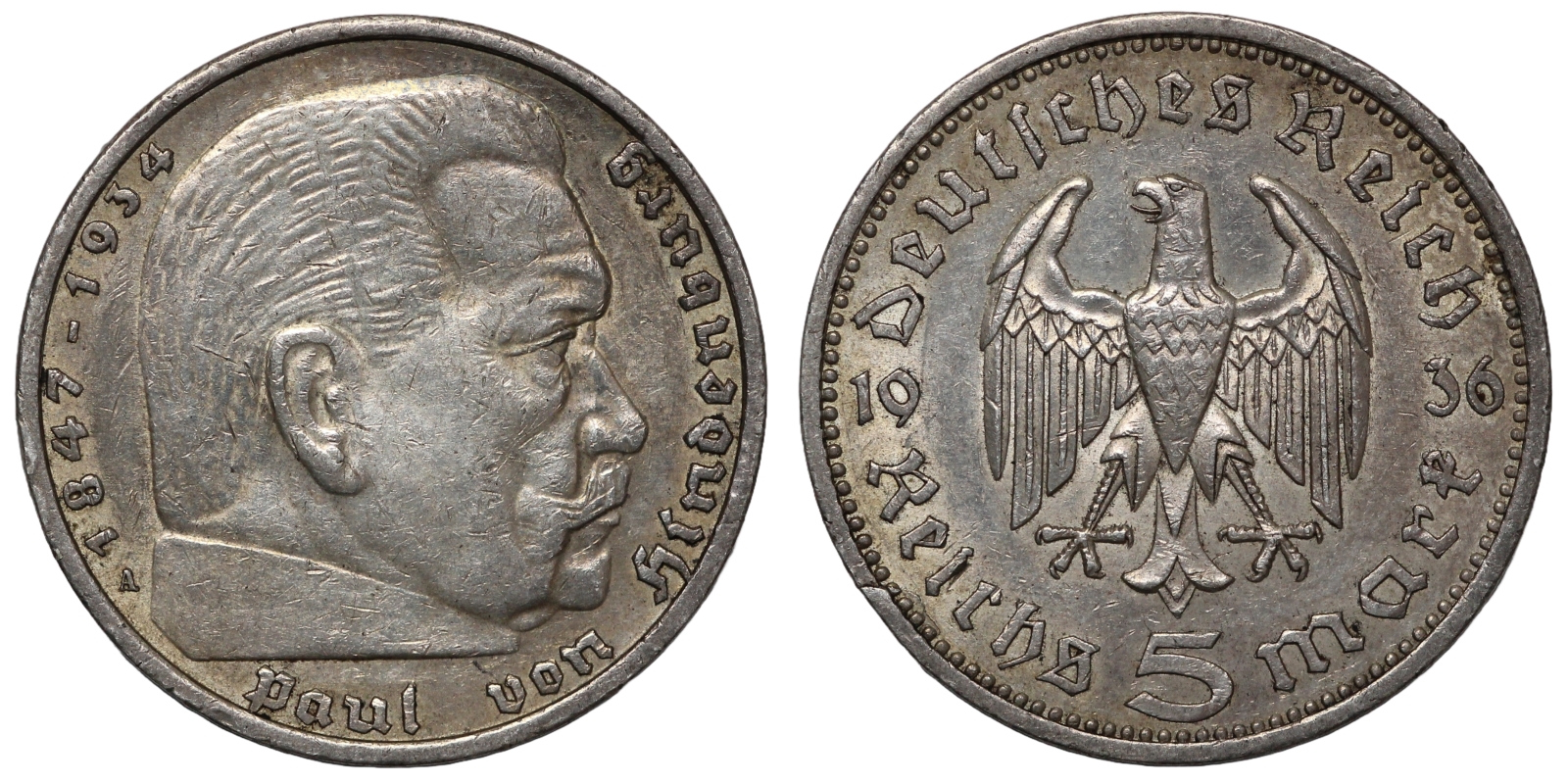 Germany - Third Reich 1936-A 5 Reichsmark Paul von Hindenburg KM#86 ...