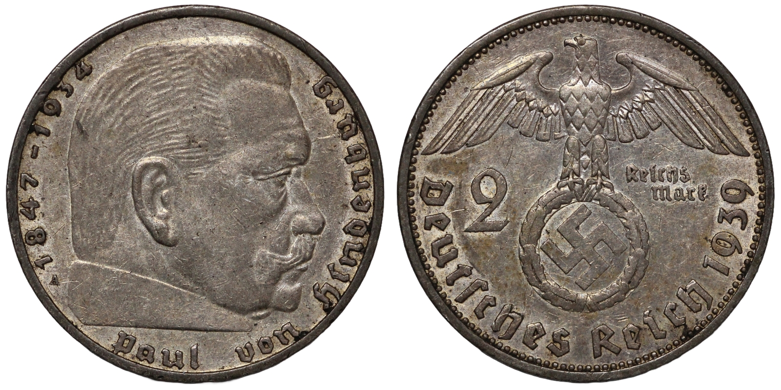 Germany - Third Reich 1939-A 2 Reichsmark KM# 93 Swastika-Hindenburg ...