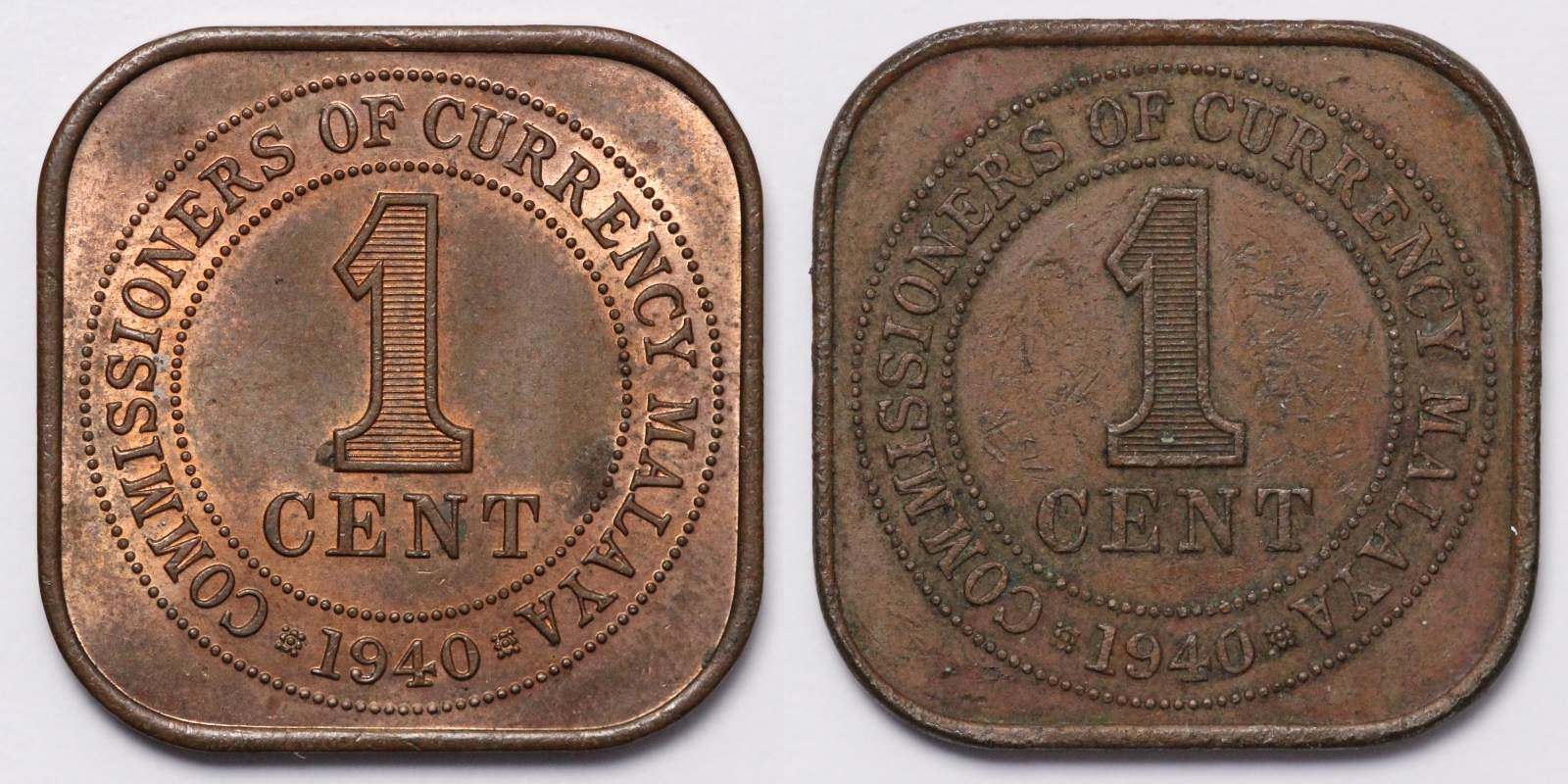 Lot of 2 Malaya 1940 One Cent 1C George VI KM# 2 Royal Mint Square ...