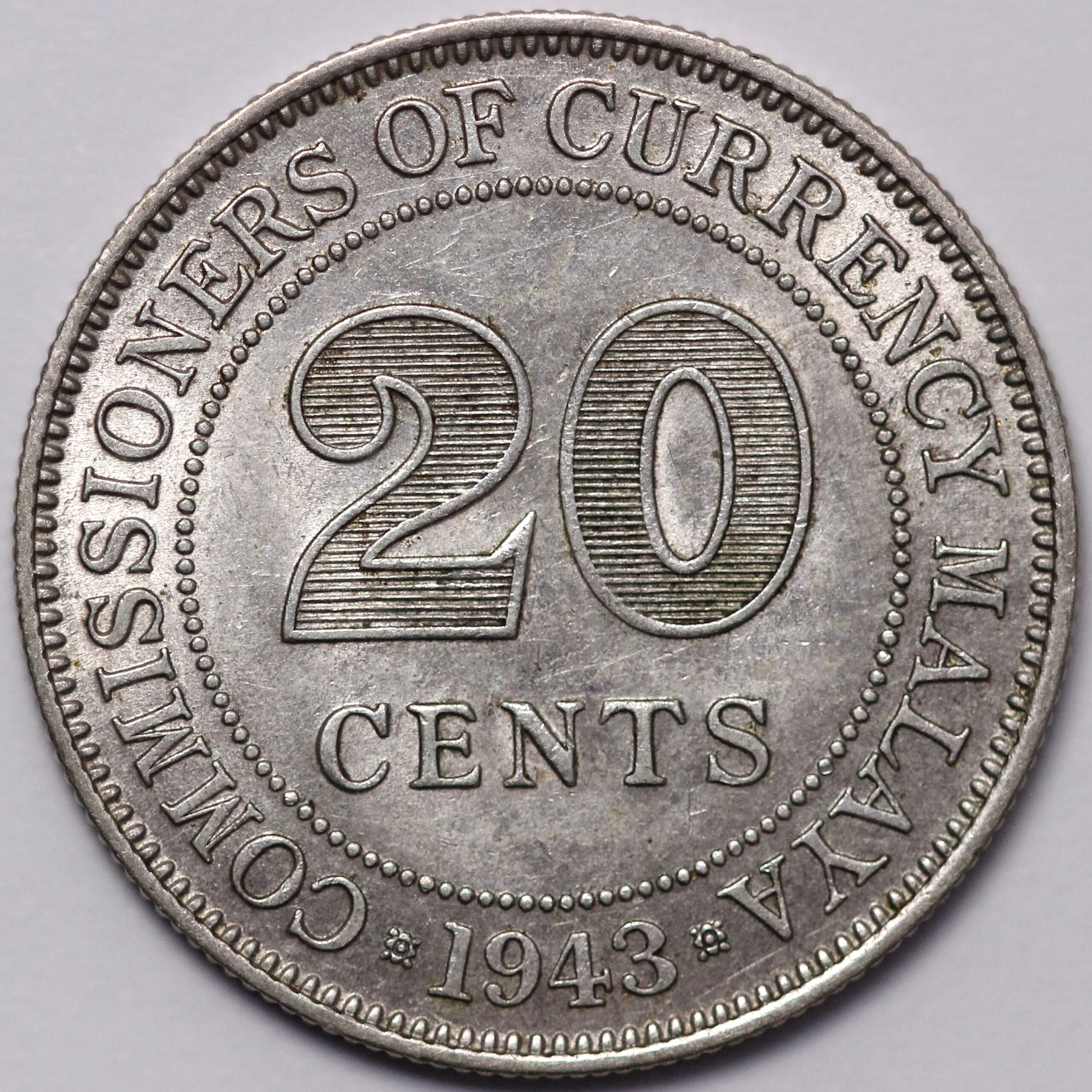 Malaya 1943 Twenty Cents 20C George VI KM# 5a Royal Mint World Silver ...