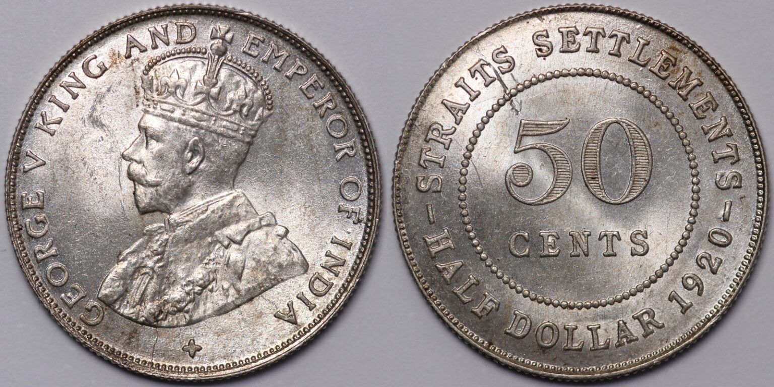 Straits Settlements 1920 50 Cents Cross Below Bust George V KM# 35.1 Silver Coin - Imperial ...