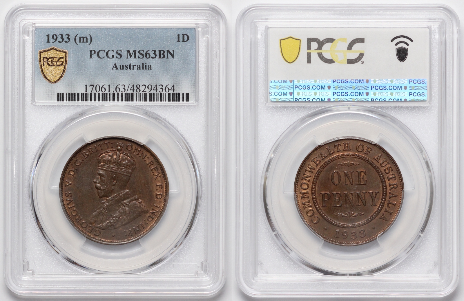 PCGS Graded MS63BN Australia 1933 One Penny 1D George V Uncirculated Coin - Imperial Numismatics