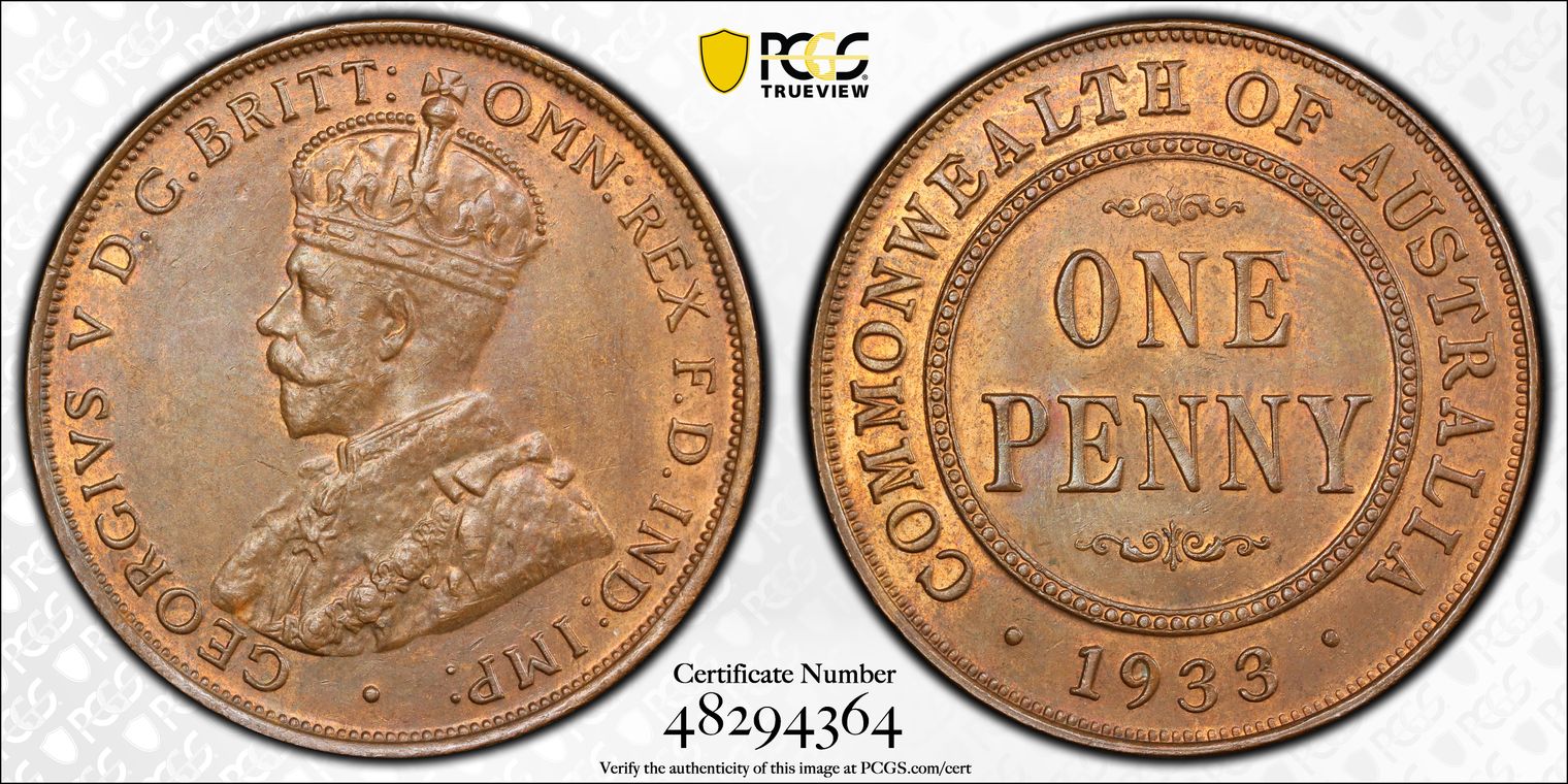 PCGS Graded MS63BN Australia 1933 One Penny 1D George V Uncirculated Coin - Imperial Numismatics