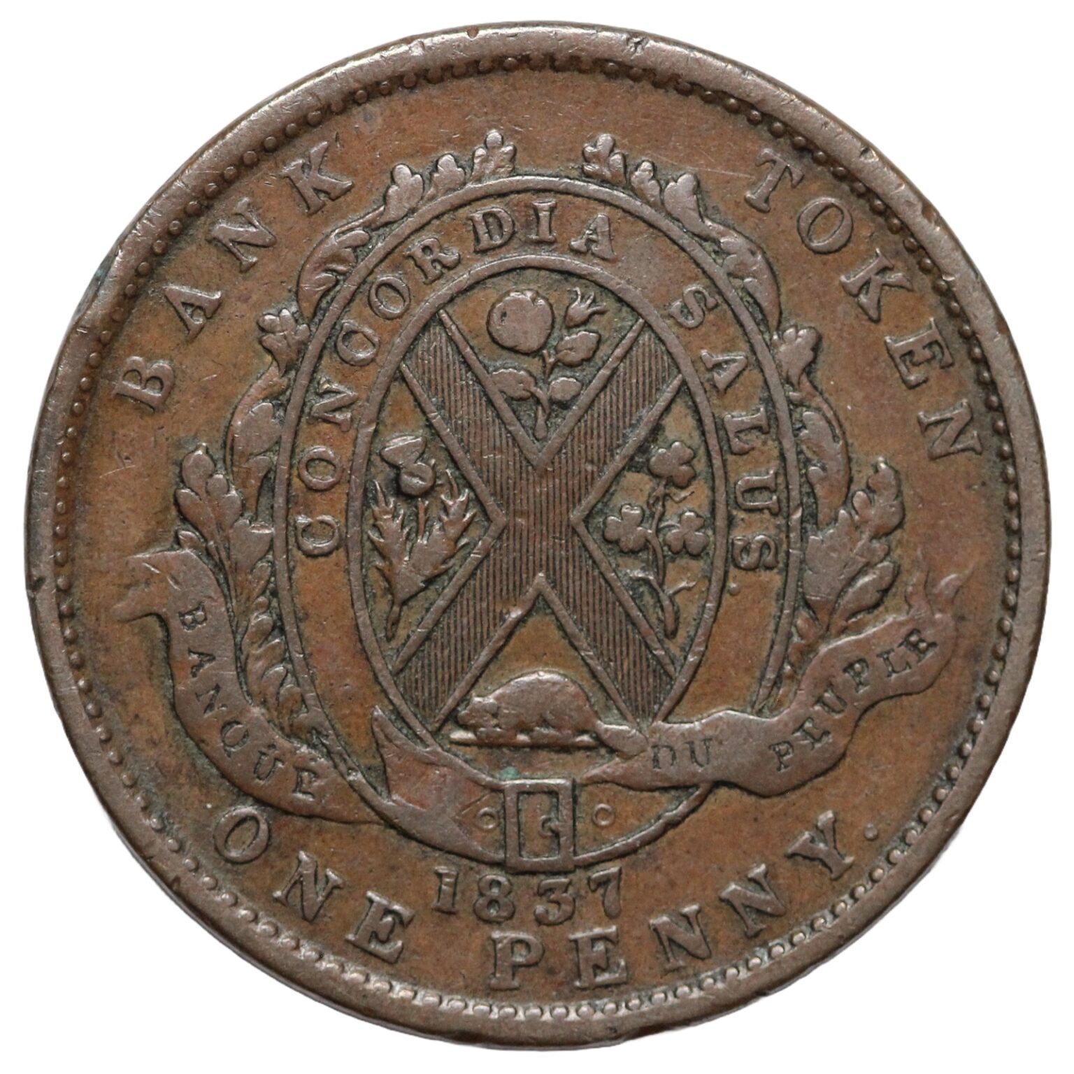 Lower Canada 1837 Concordia Salus City Bank 1 Penny / 2 Sous Copper ...