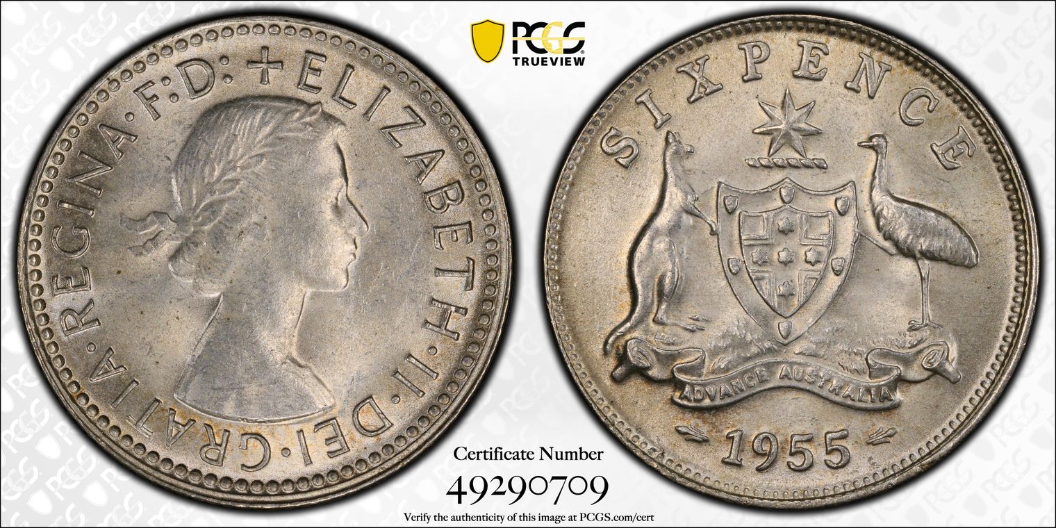 PCGS Graded MS63 Australia 1955(m) Sixpence 6D Uncirculated Silver Coin ...