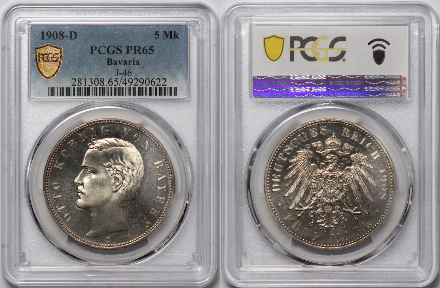 PCGS Graded PR65 German States - Bavaria 1908-D Proof 5 Mark Otto ...