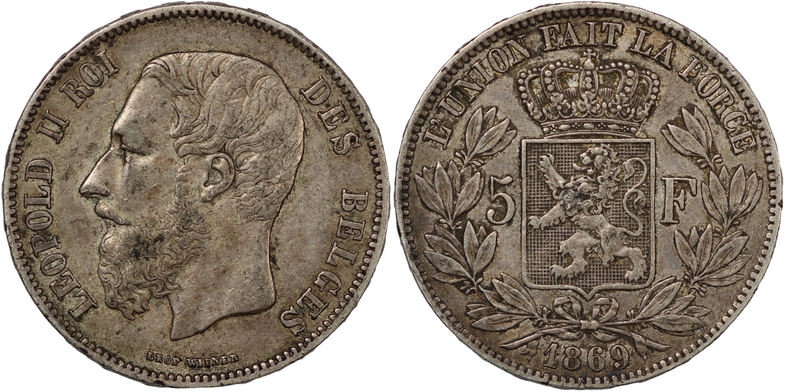 Belgium 1869 5 Francs Leopold II KM# 24 World Silver Coin - Imperial ...