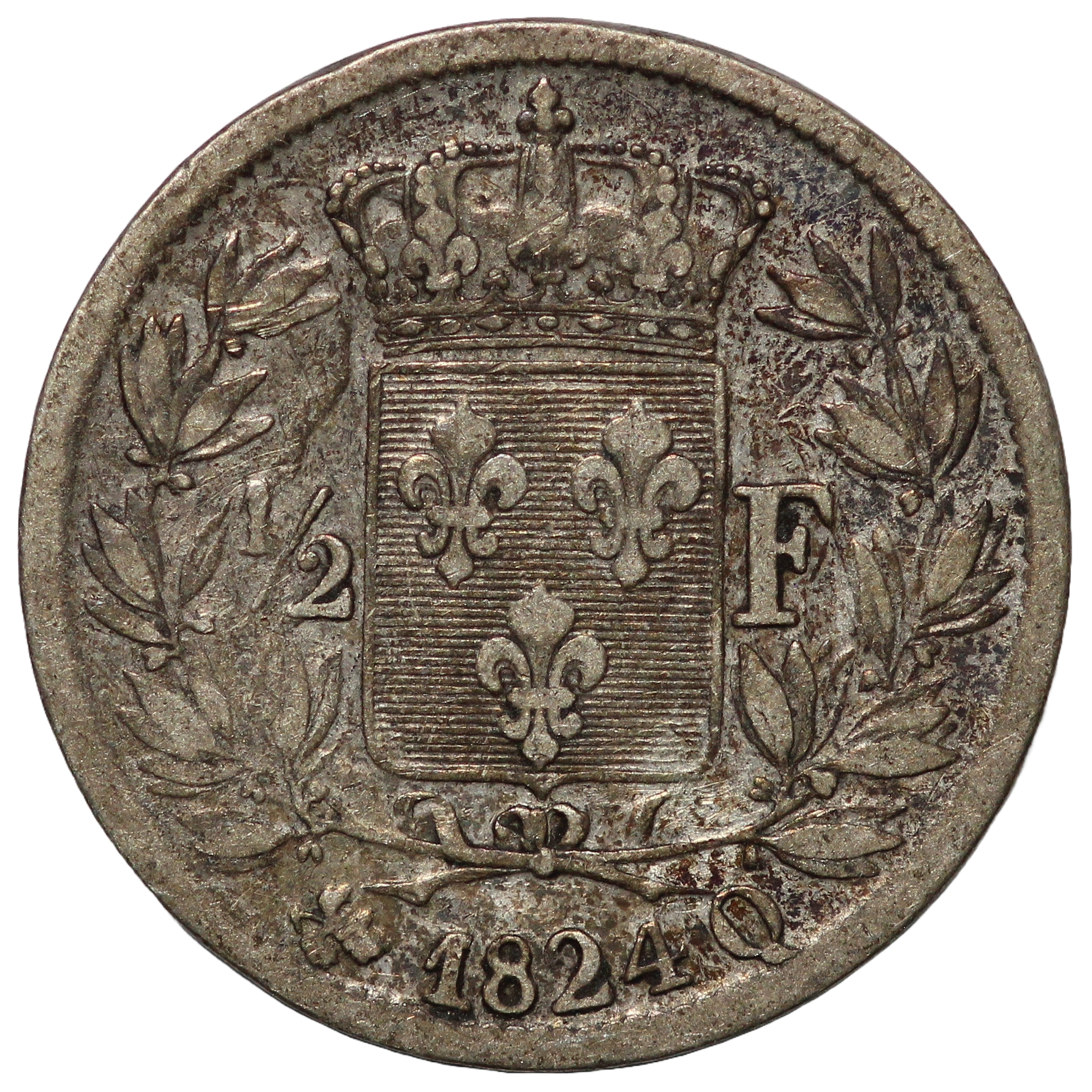 France 1824-Q 1/2 Franc Louis XVIII Perpignan Mint KM# 708.9 World ...