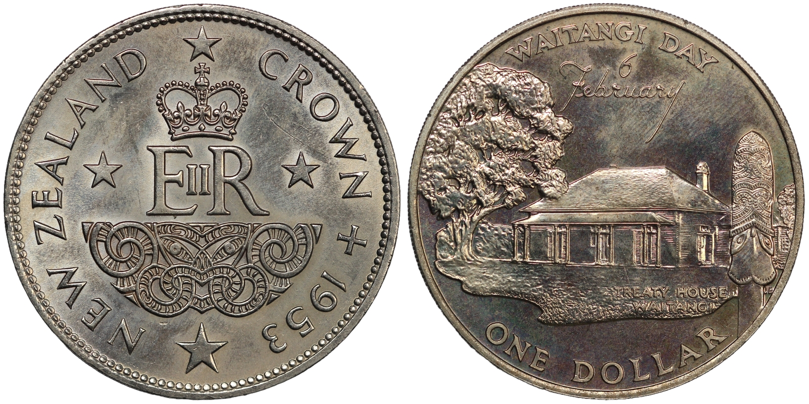 Lot of 2 Coins New Zealand 1953 Coronation Crown & 1977 Waitangi Day ...