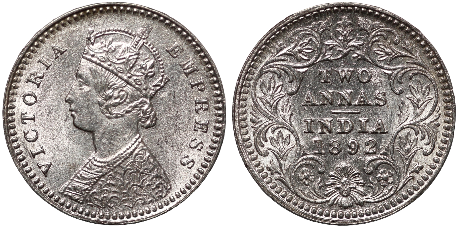 India-British 1892-C 2 Annas Type B Bust, Type II Reverse Victoria ...