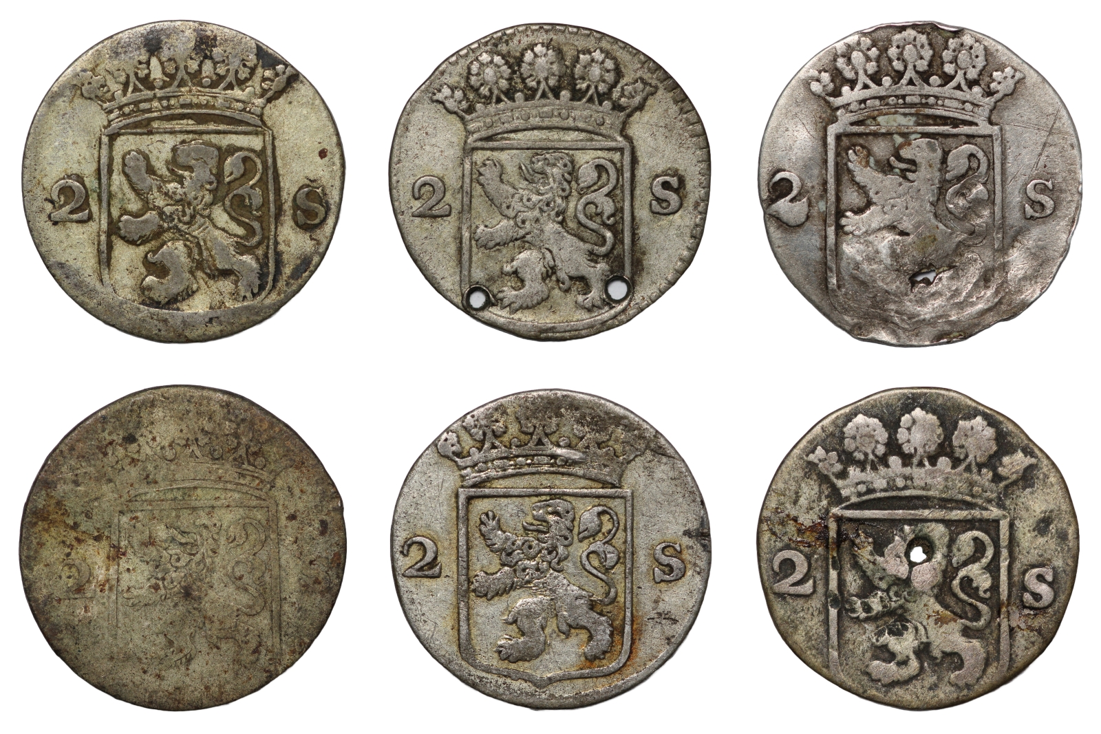 Lot of 6 Netherlands Holland 2 Stuivers Various Dates 1672-1793 Silver ...