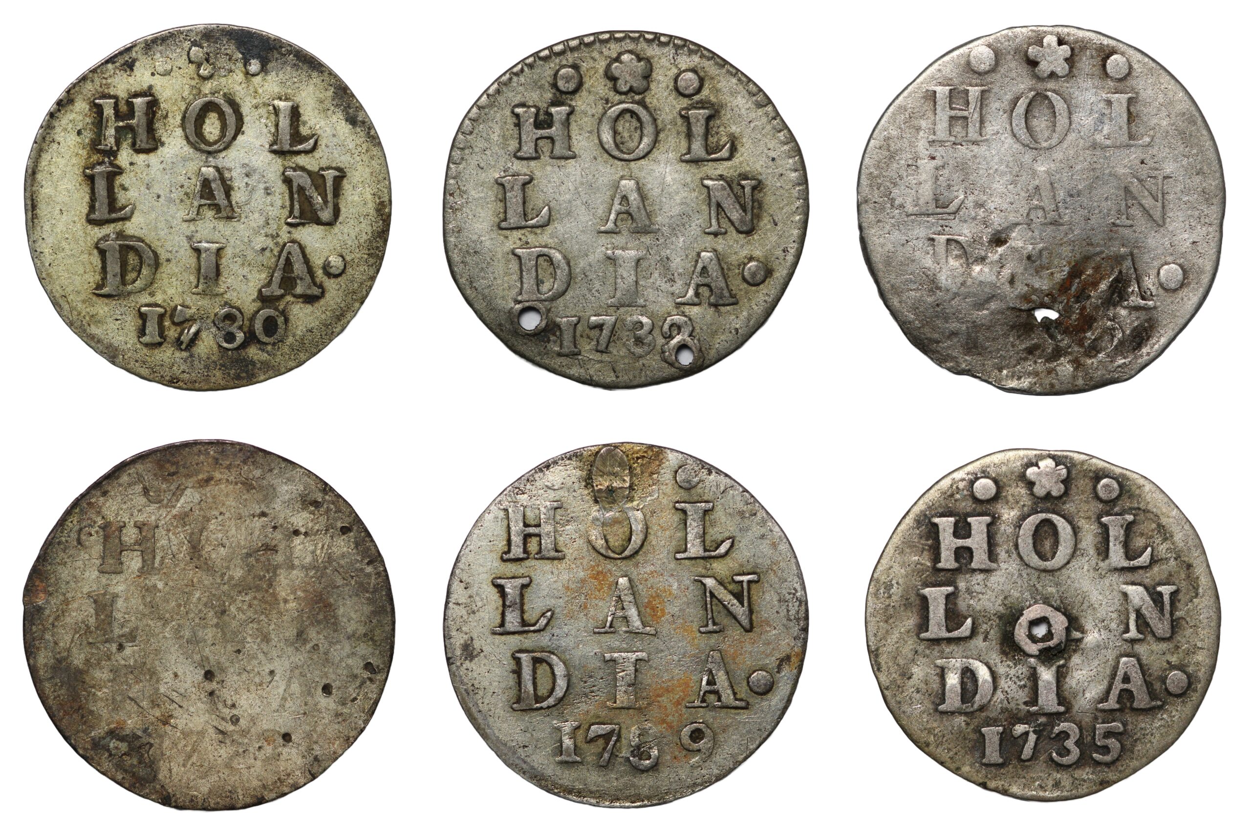 Lot of 6 Netherlands Holland 2 Stuivers Various Dates 1672-1793 Silver ...