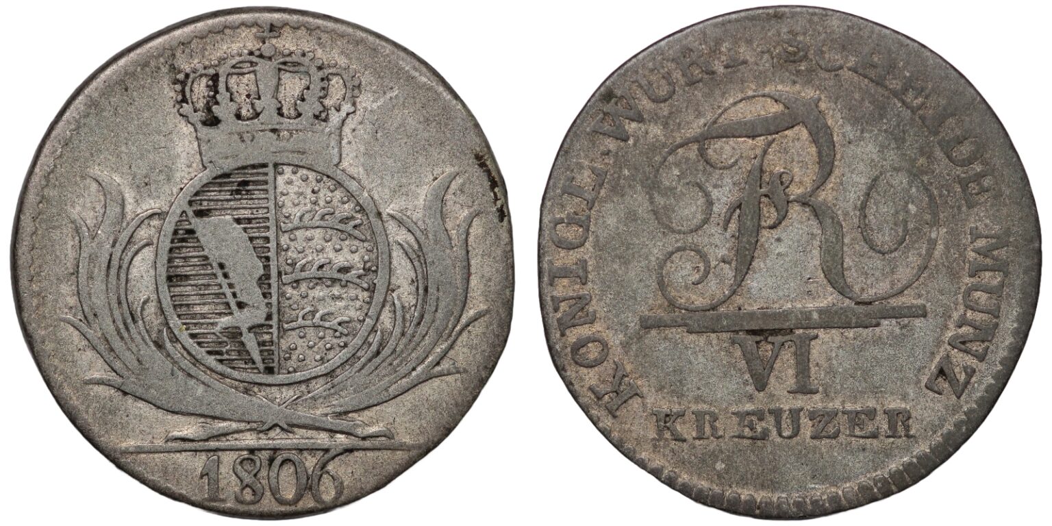 German States Wurttemberg 1806 6 Kreuzer KM# 495 Friedrich I World ...