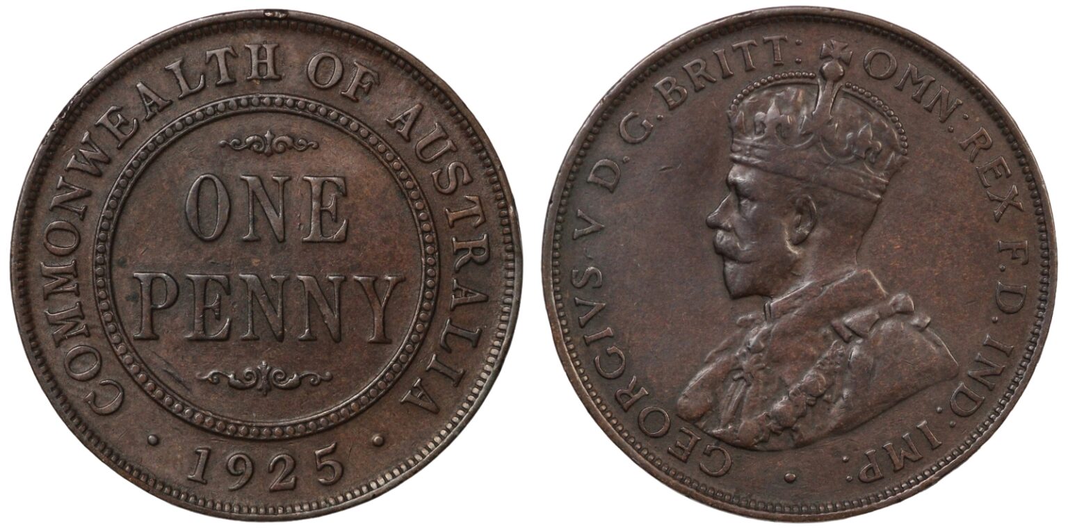 Australia 1925 One Penny 1D George V Copper Coin - Key Date - Scarce ...